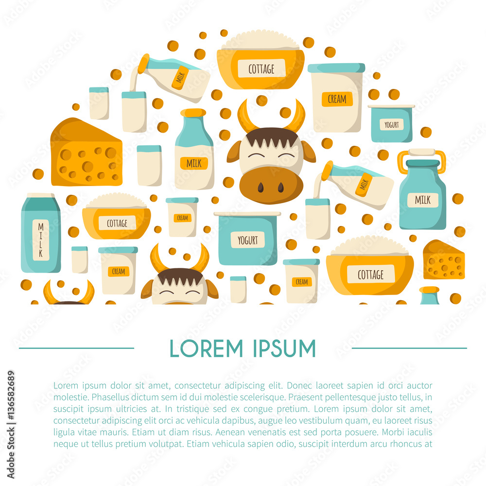 Vector illustration with cartoon milk products background. Milk ...