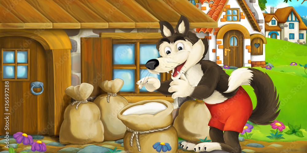 Cartoon funny scene with wolf in front of wooden farm house ...