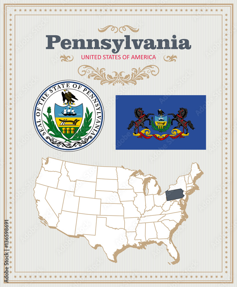 High detailed vector set with flag, coat of arms, map of Pennsylvania ...