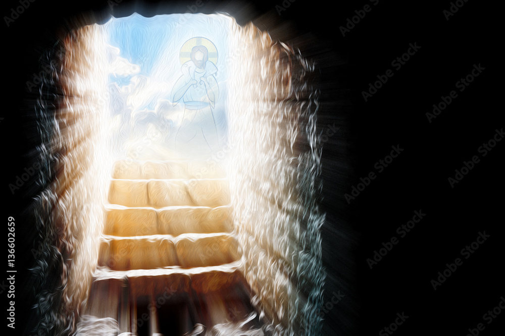 Empty tomb - Easter resurrection of Jesus Christ with sun rays Stock ...