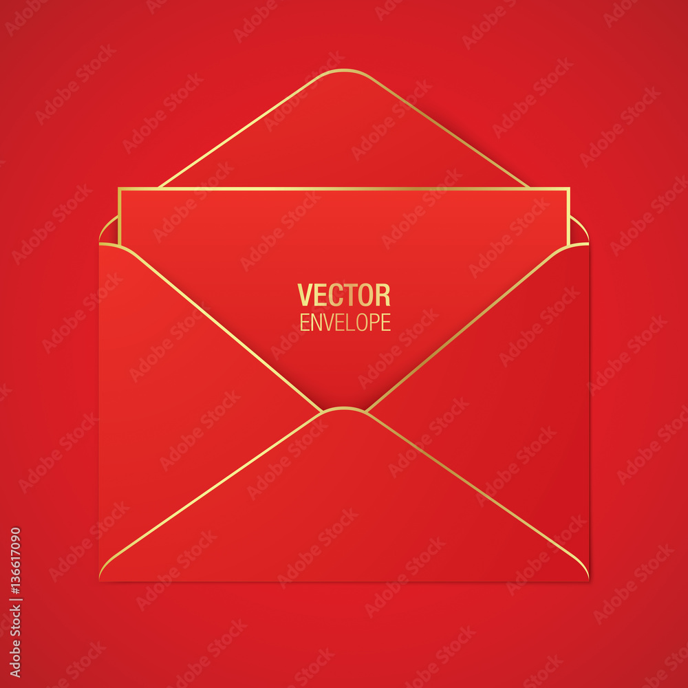 Red vector envelope template. Red opened envelope with golden elements ...