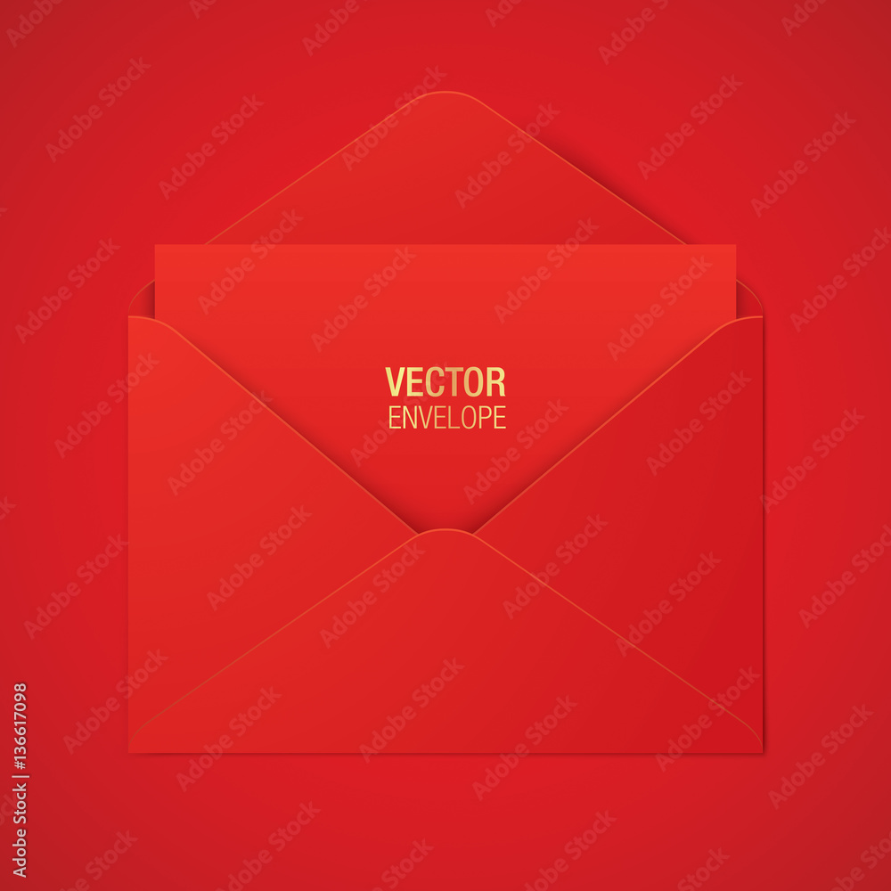 Red vector envelope template. Red opened envelope lying on a red ...