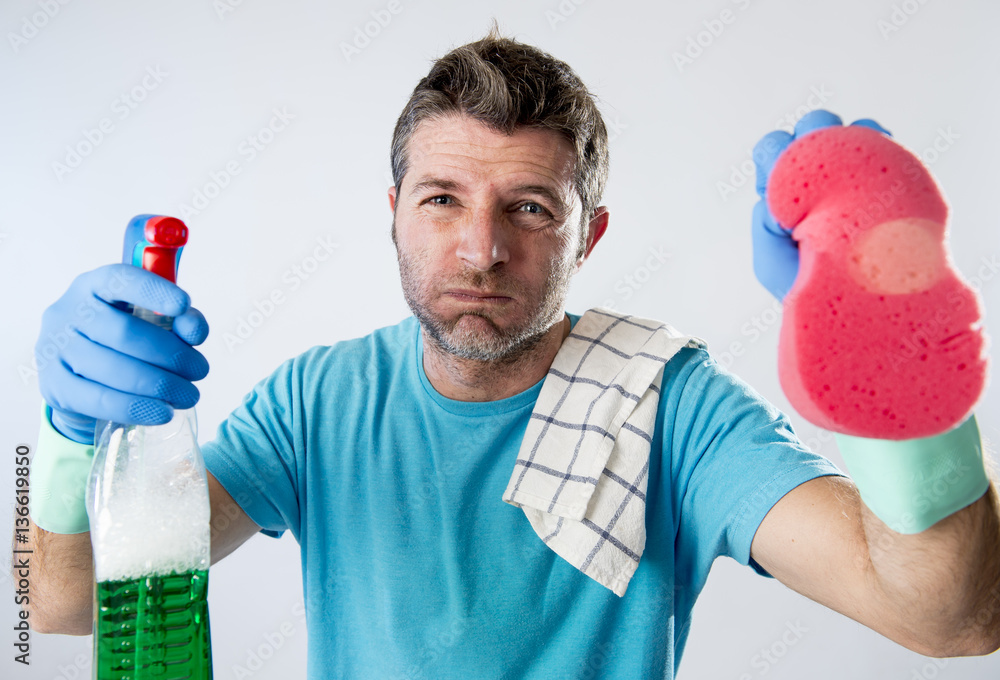 domestic service man or tired husband angry and stressed house cleaning ...