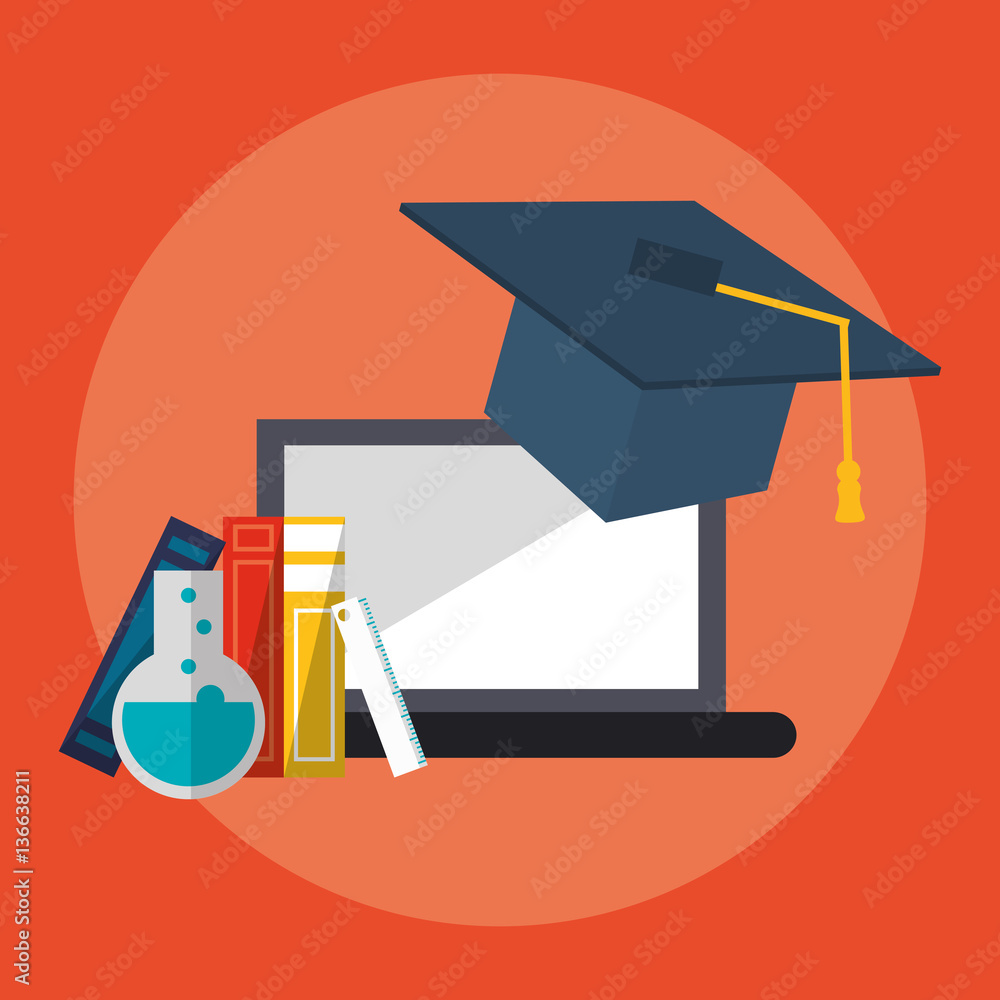 computer with graduation cap and books over red background. colorful ...