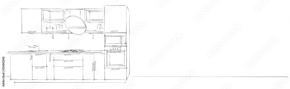 Sketch drawing of 3d modern kitchen interior with round hood on white ...