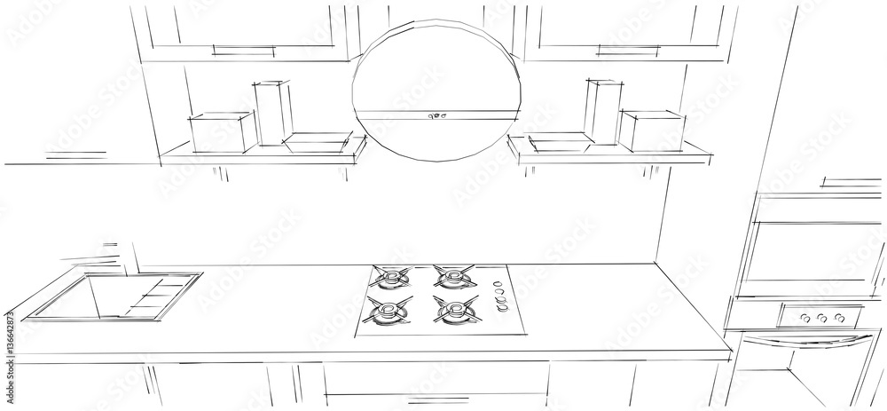 Sketch drawing of 3d modern kitchen interior with round hood Stock ...