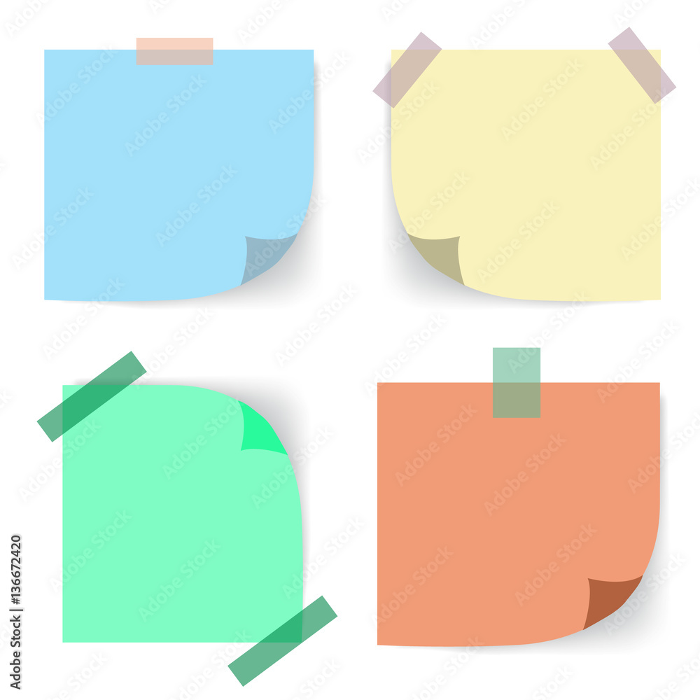 Realistic sticky notes sheets with curved corner. Paper reminders ...