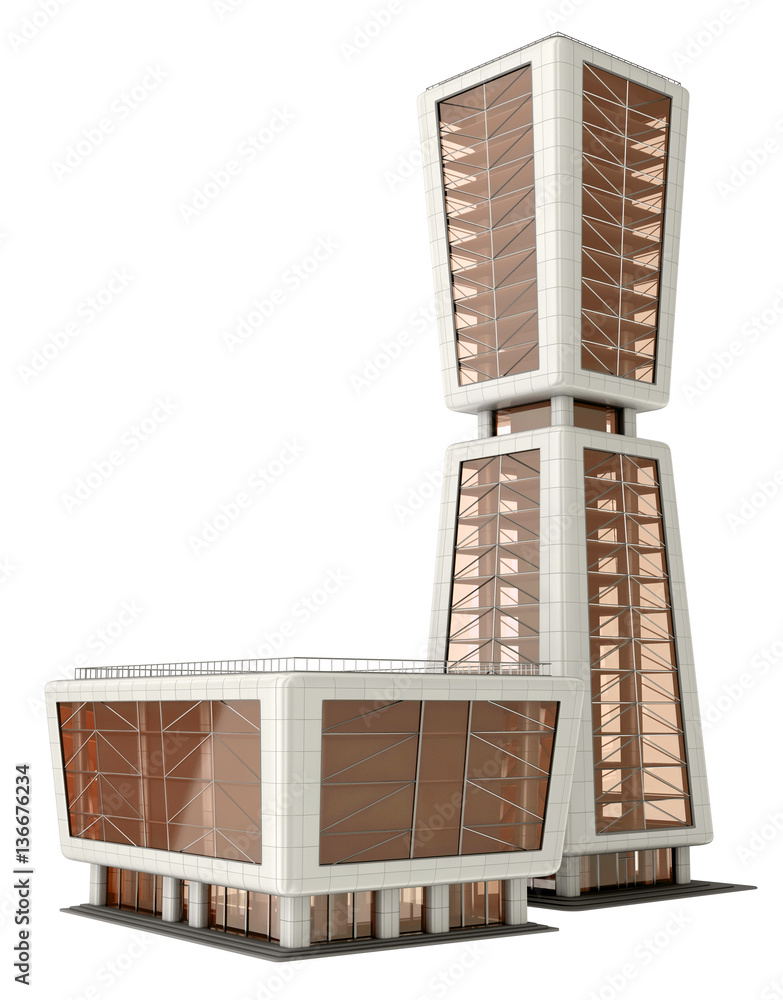 Complex of two buildings, skyscrapers and shopping and office center ...