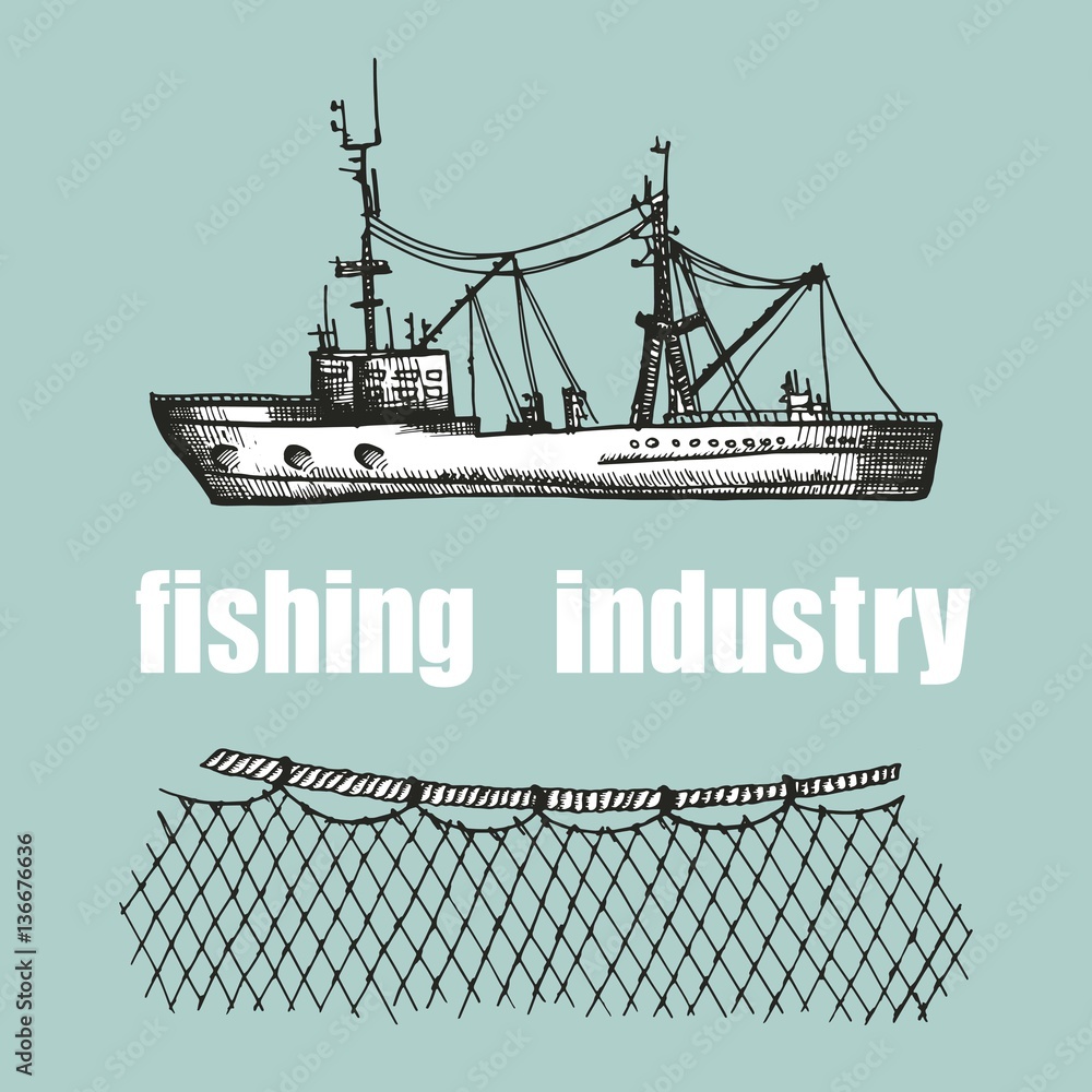 fishing trawler and nets vector illustration Stock Vector | Adobe Stock