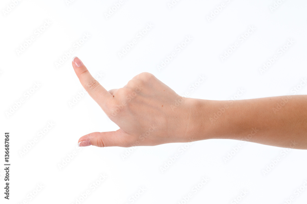female hand showing the gesture with raised forefinger up isolated on ...