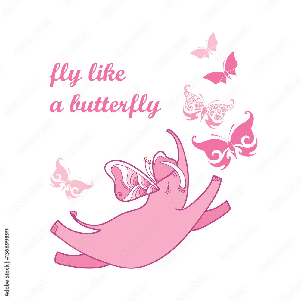 Vector illustration with pink flying elephant and ornate butterfly ...