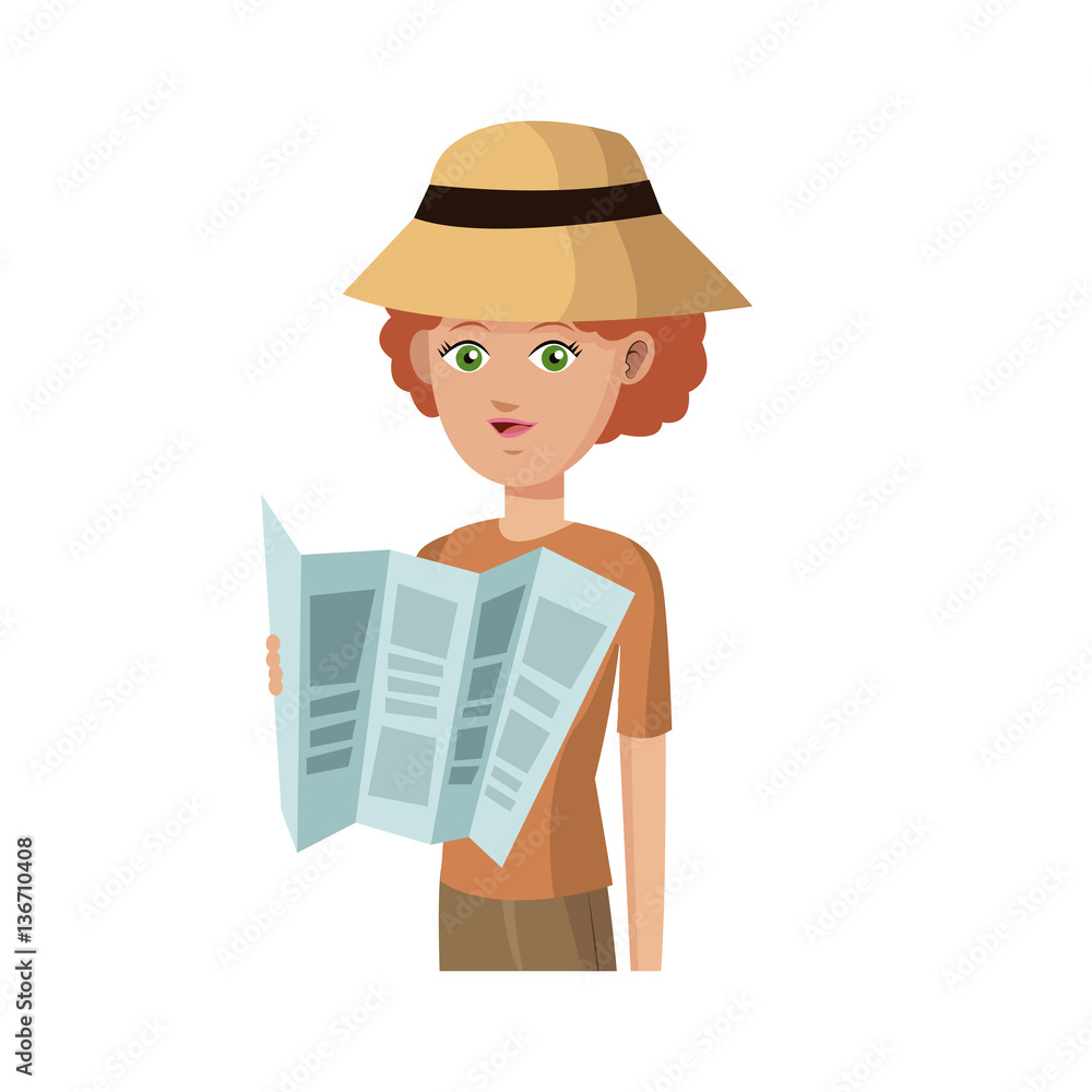 woman with map over white background. colorful design. people traveling ...