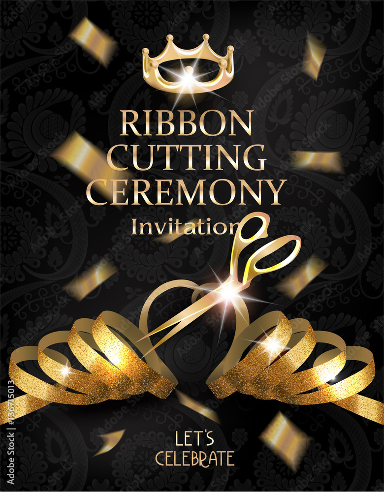 Ribbon cutting ceremony card with floral design background and shiny ...