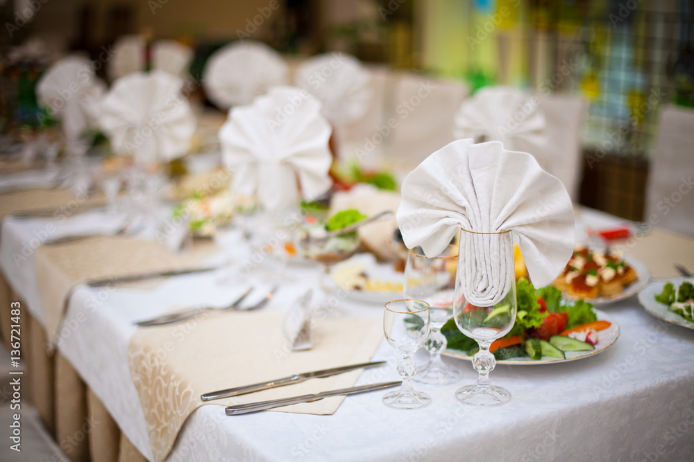 Festive table setting. Laying of a holiday table. Food background ...