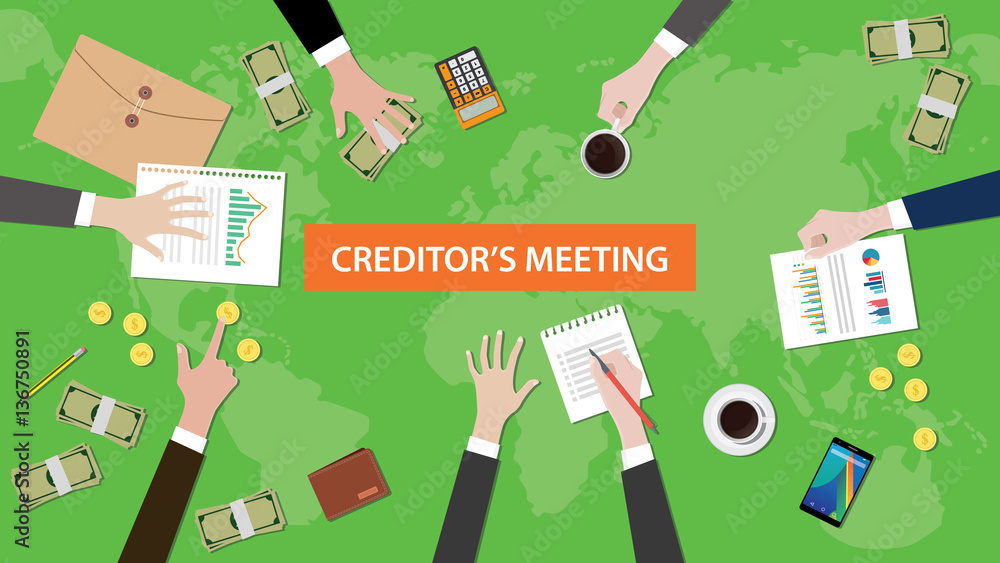 creditor meeting in one table illustration with paperworks and littered ...