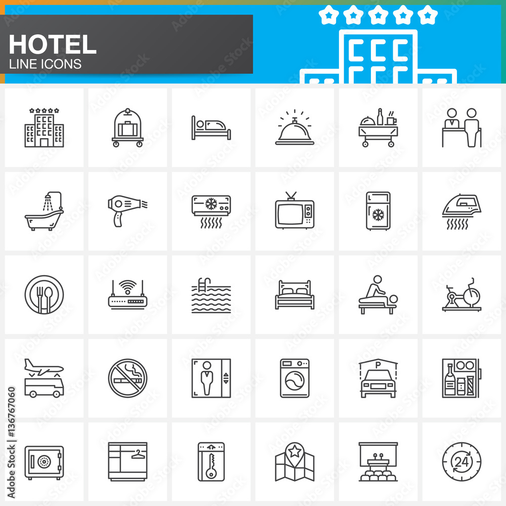 Hotel services and facilities line icons set, outline vector symbol ...