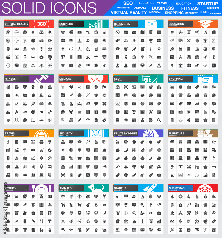 Solid icon sets for business, banking, seo, education, sport, medicine ...