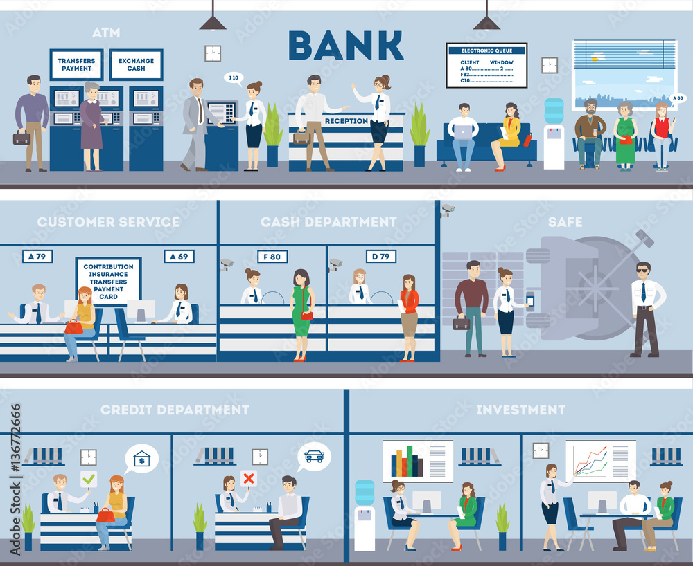 Bank and office interior. Inside bank interior with reception ...