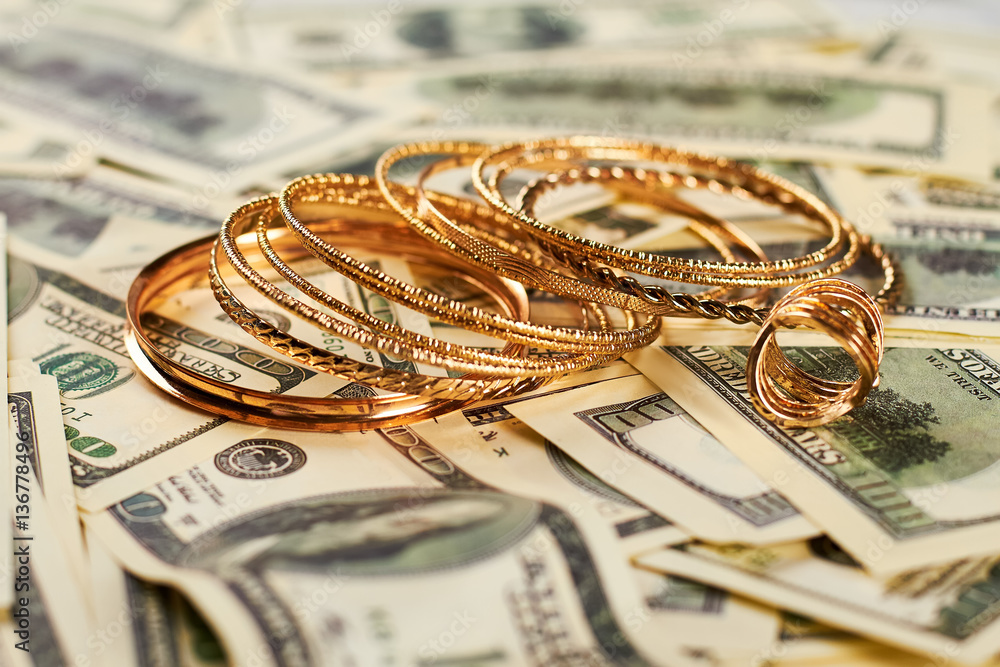 Golden jewelry and money. Expensive and unrighteous lifestyle. Stock ...