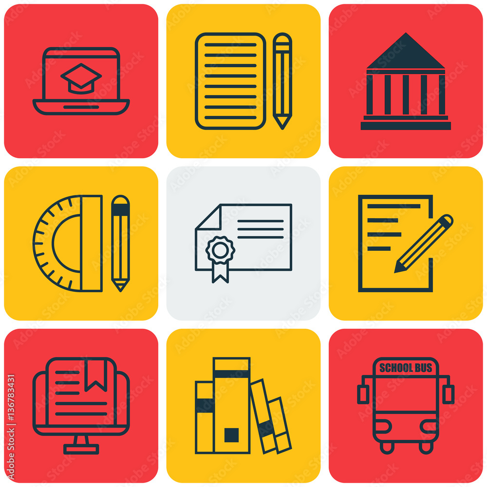 Set Of 9 School Icons. Includes Distance Learning, Transport Vehicle ...