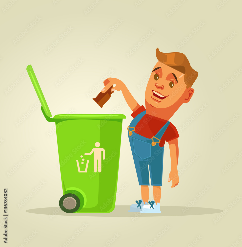 Boy character throws garbage in trash. Vector flat cartoon illustration ...