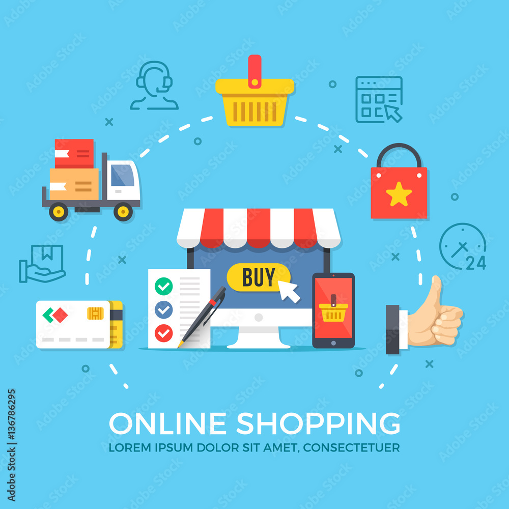 Online shopping. Flat design graphic elements, signs, symbols, line ...