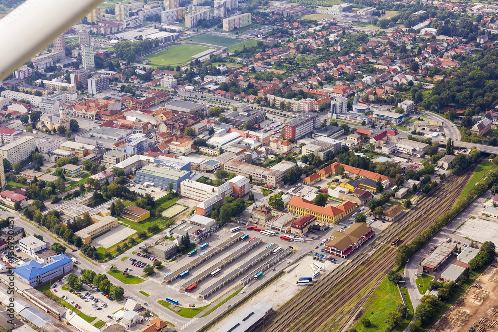 Aerial view of Topolcany, Slovakia, Slovak city Topolcany from plane ...