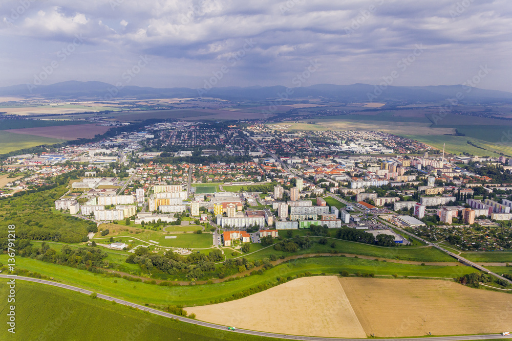 Aerial view of Topolcany, Slovakia, Slovak city Topolcany from plane ...