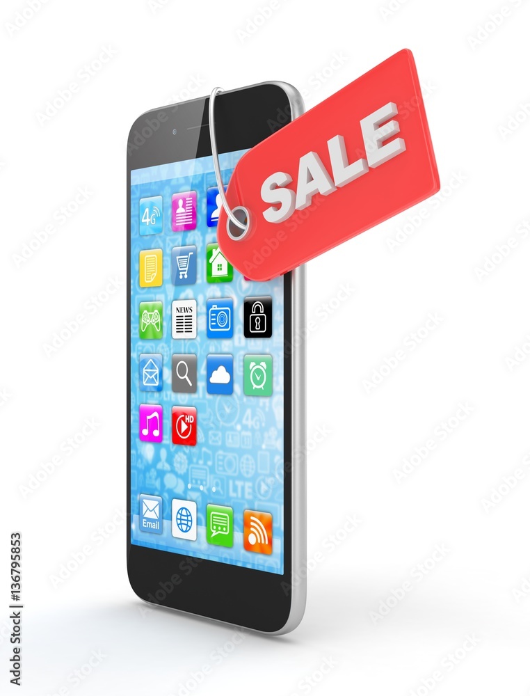 Smart phone with red sale label on white background. Best offer. Leader ...