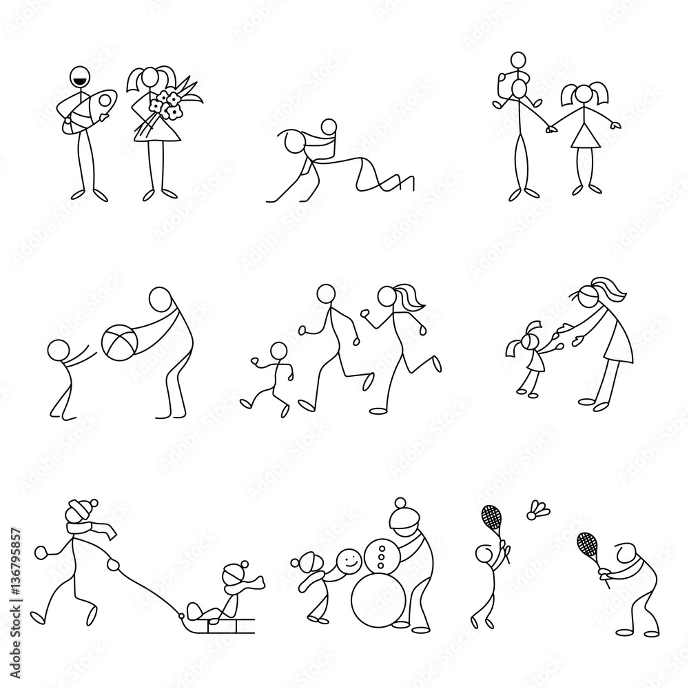 Cartoon icons set of sketch little people in cute miniature scenes ...