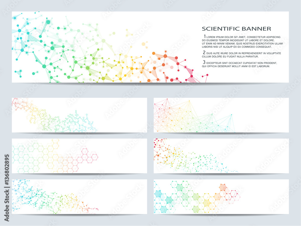 Set of modern scientific banners. Molecule structure DNA and neurons ...