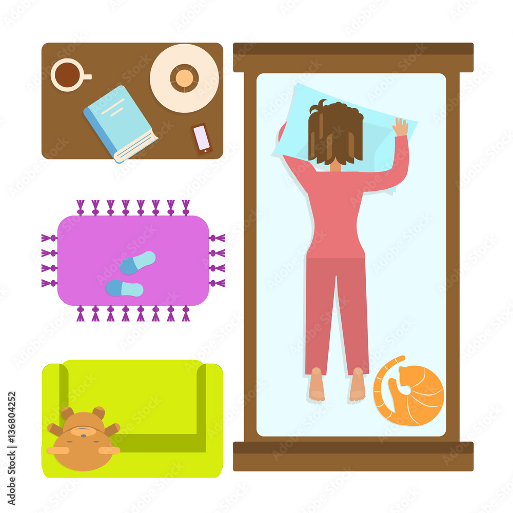 Bedroom with furniture overhead and sleeping woman. Top view Apartment ...