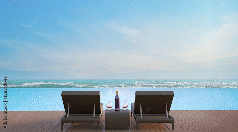 Pool terrace with sea view 3d rendering image,A place surrounded by the ...