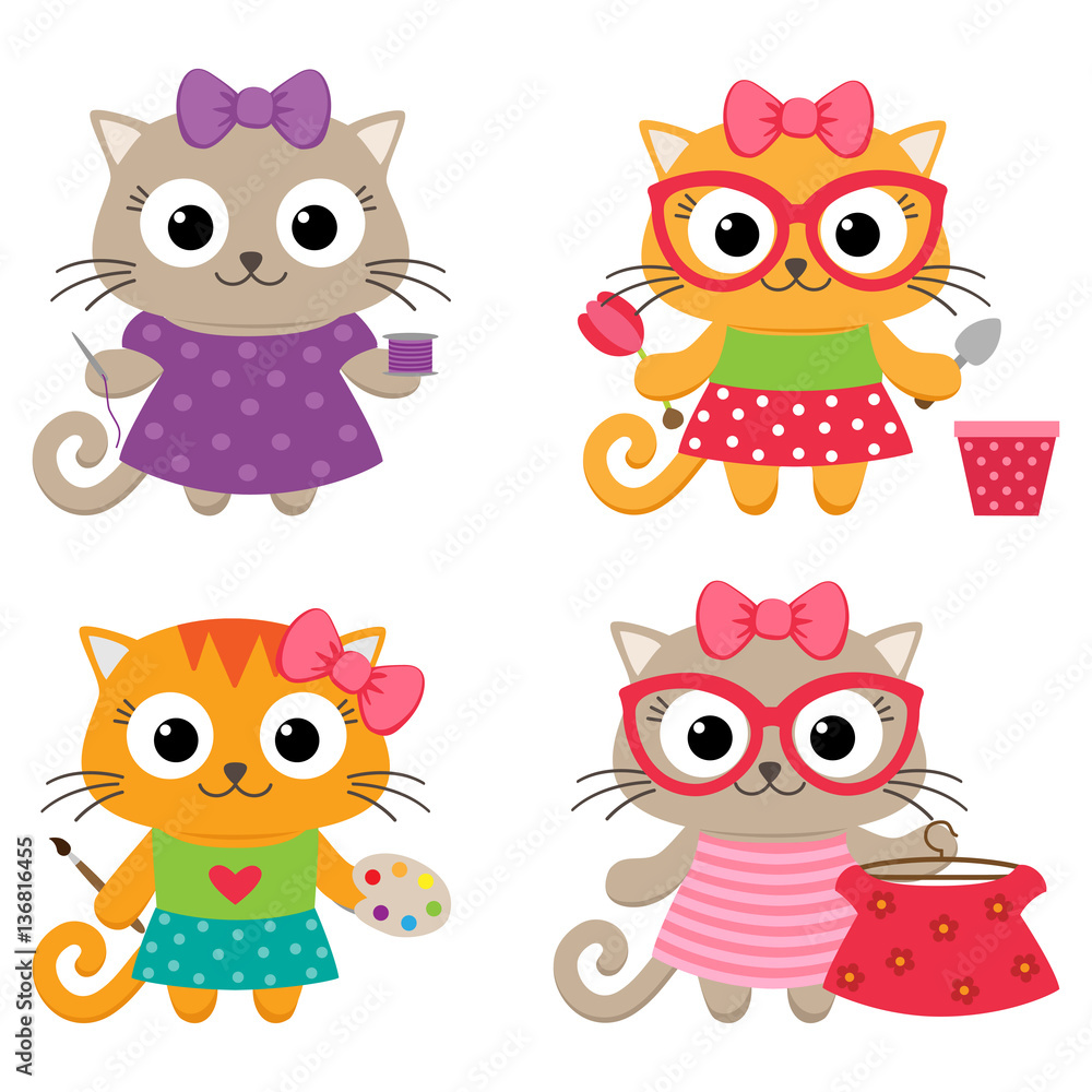 Cat girls with different hobbies Stock Vector | Adobe Stock