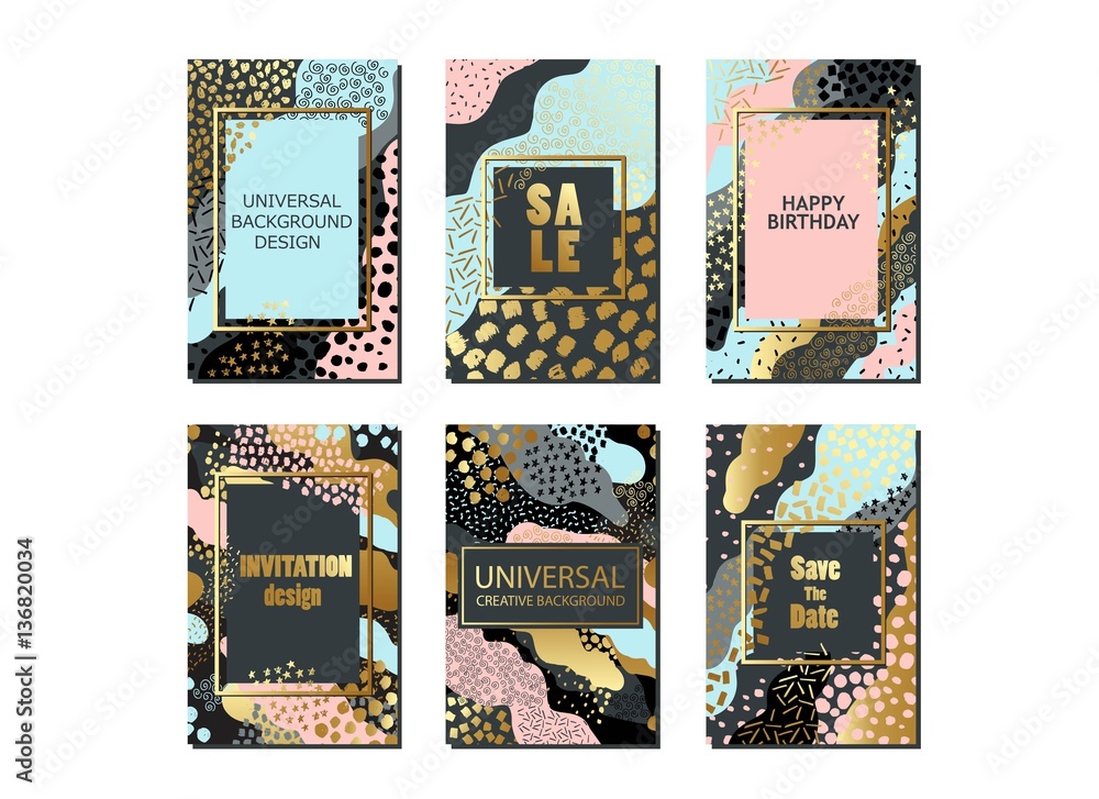 Set of universal cards and background with hand drawn textures. For ...