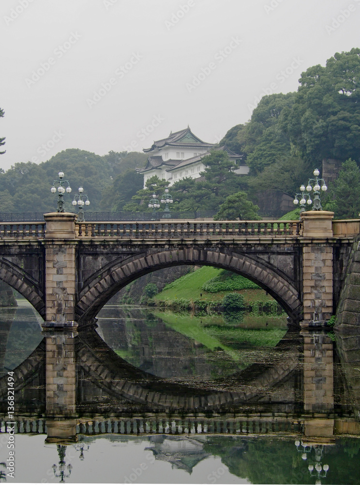 A traditional stone bridge reflects in the still water in front of the ...