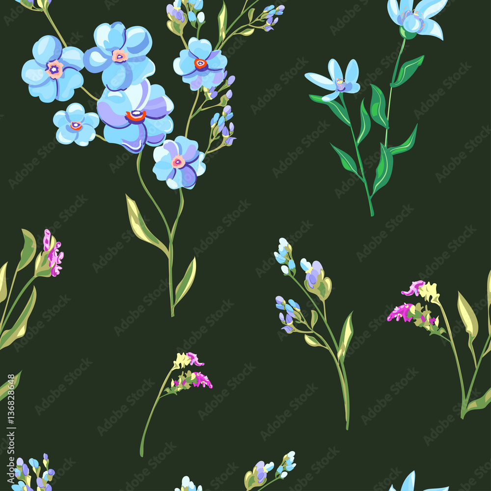 Vector floral seamless pattern with blue flowers and buds, forget-me ...