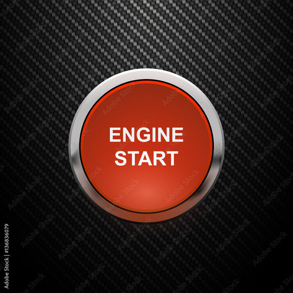 Realistic Red Engine start button on carbon background, vector ...