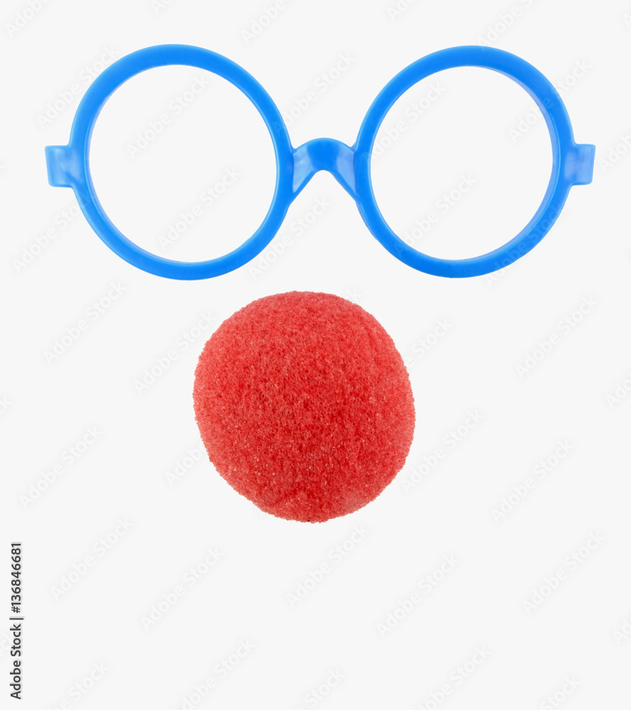 Basic goofy face elements: plastic blue play glasses and red foam clown ...