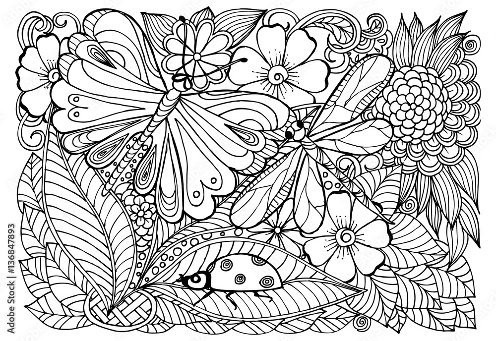 Ladybug, dragonfly, butterfly and flower pattern for coloring. Stock ...