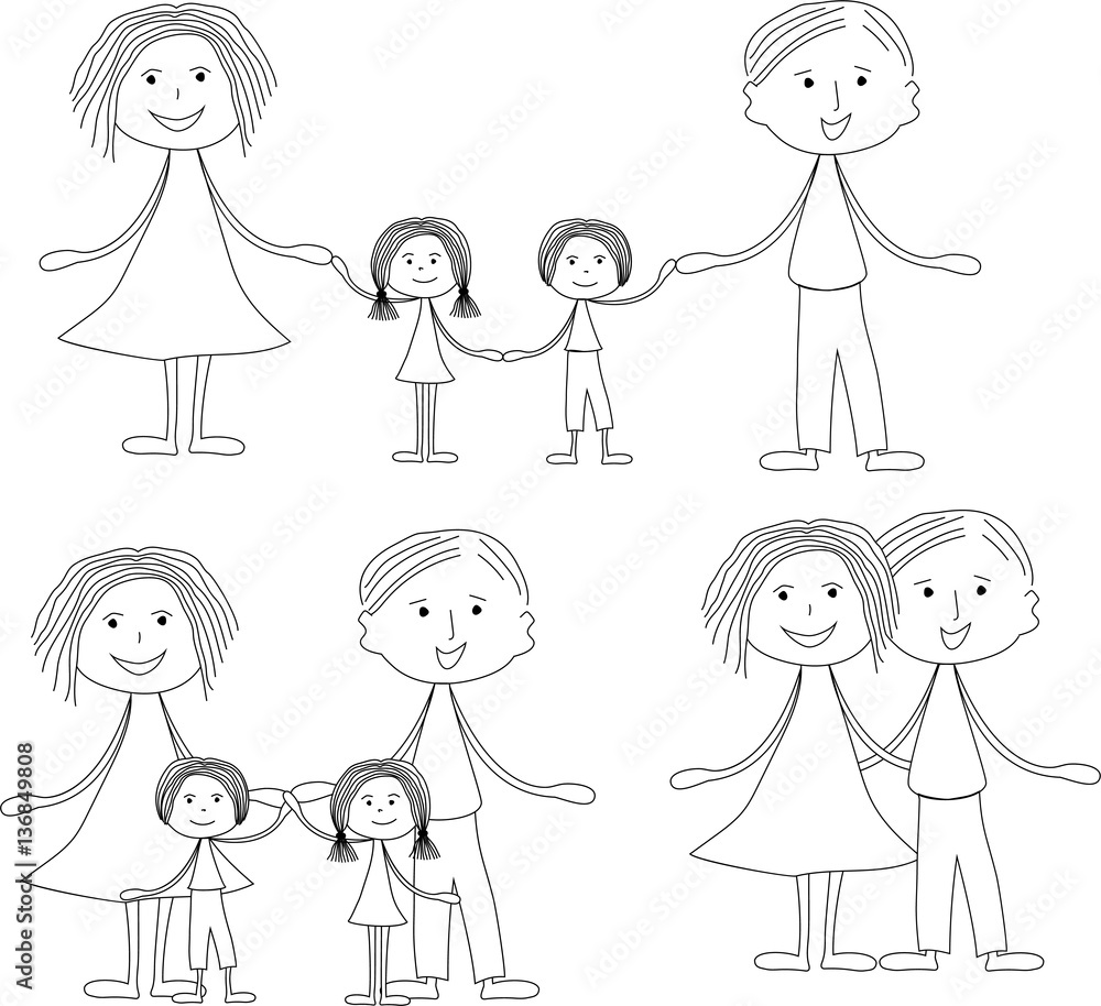 Sketch black and white pencil family Stock Illustration | Adobe Stock