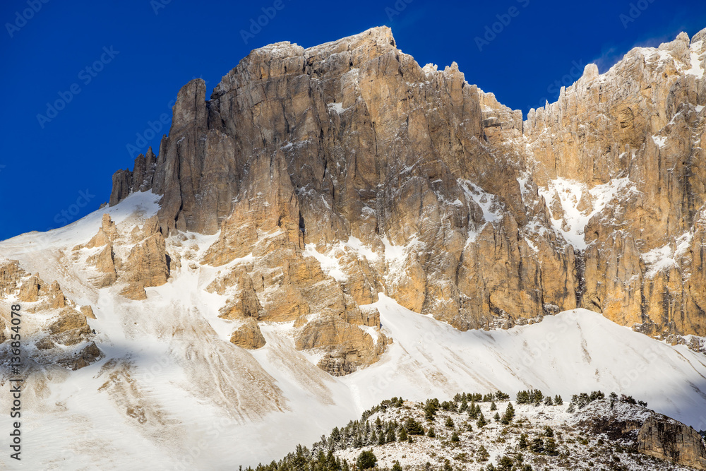 Rugged mountain cliffs of the Devoluy Massif (Tete de la Cluse peak) in ...