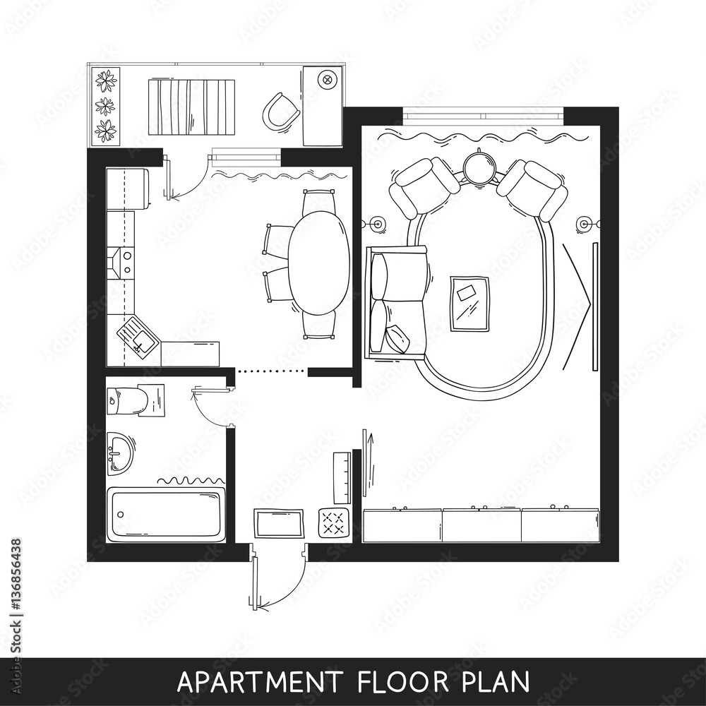 Architectural Plan with furniture in top view Stock Vector | Adobe Stock