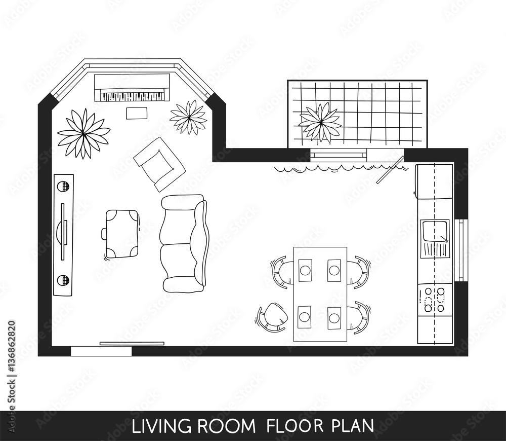 Architectural Plan with furniture in top view Stock Vector | Adobe Stock