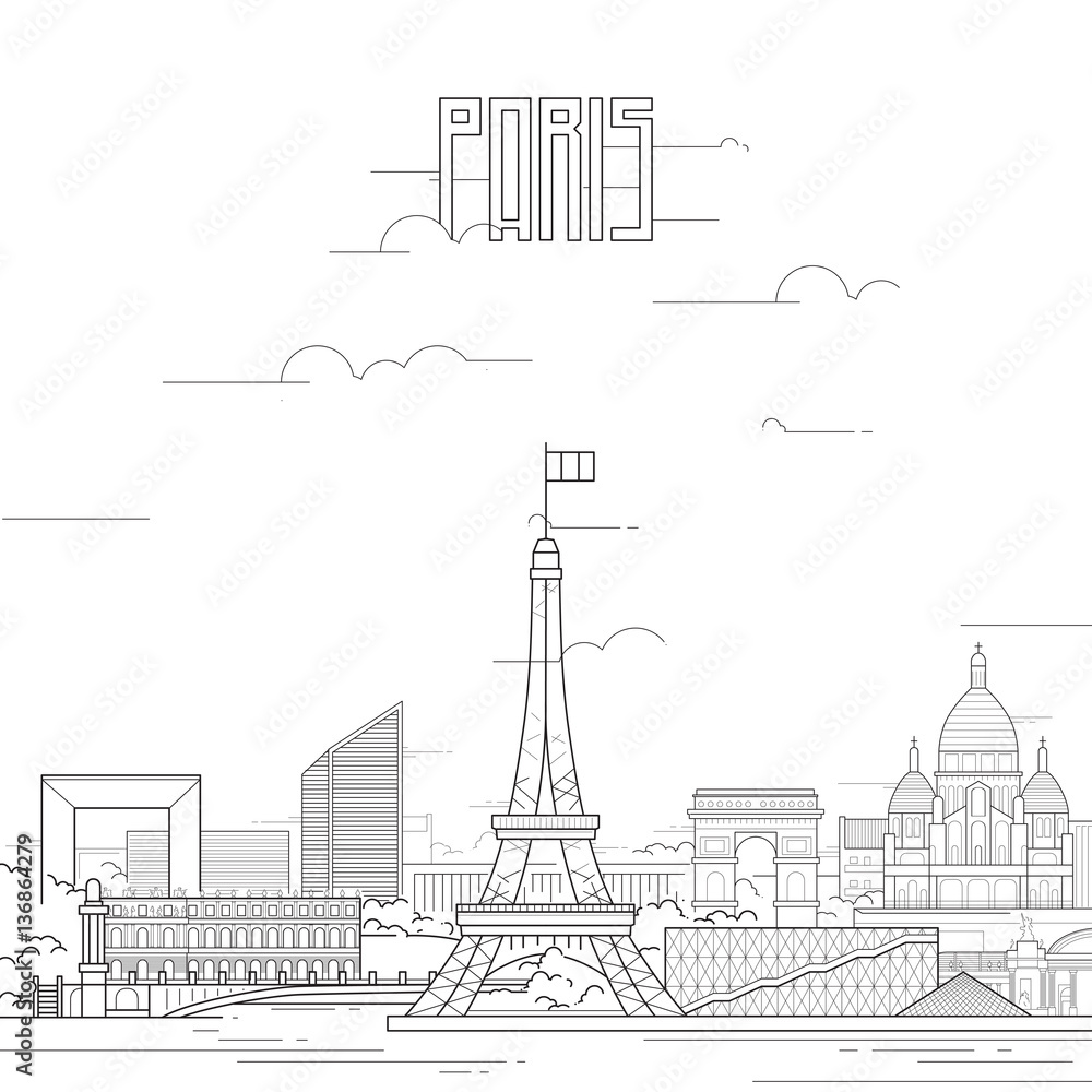 Paris city with iconic buildings. Line art flat design. Vector ...
