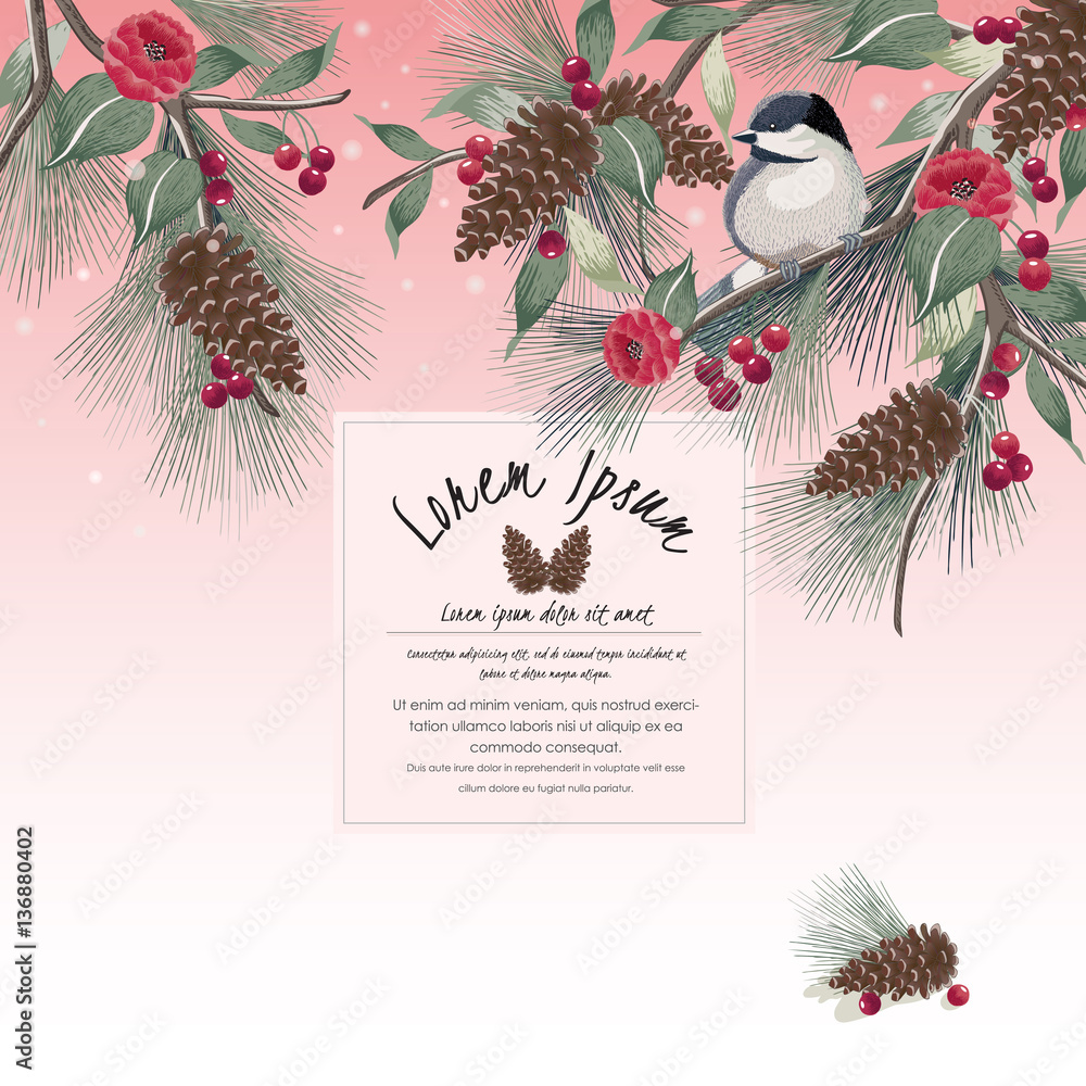 Vector illustration of a beautiful floral border in winter for Happy ...