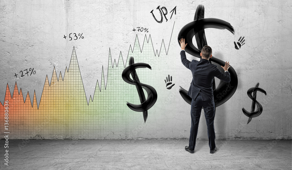 Businessmen on colorful profit chart background placing hands on a wall ...