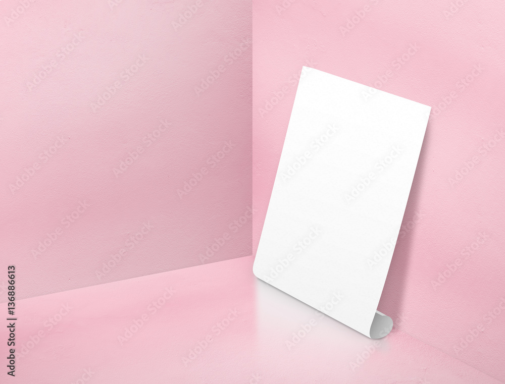 Blank white rolling poster at corner painted pastel pink color s Stock ...