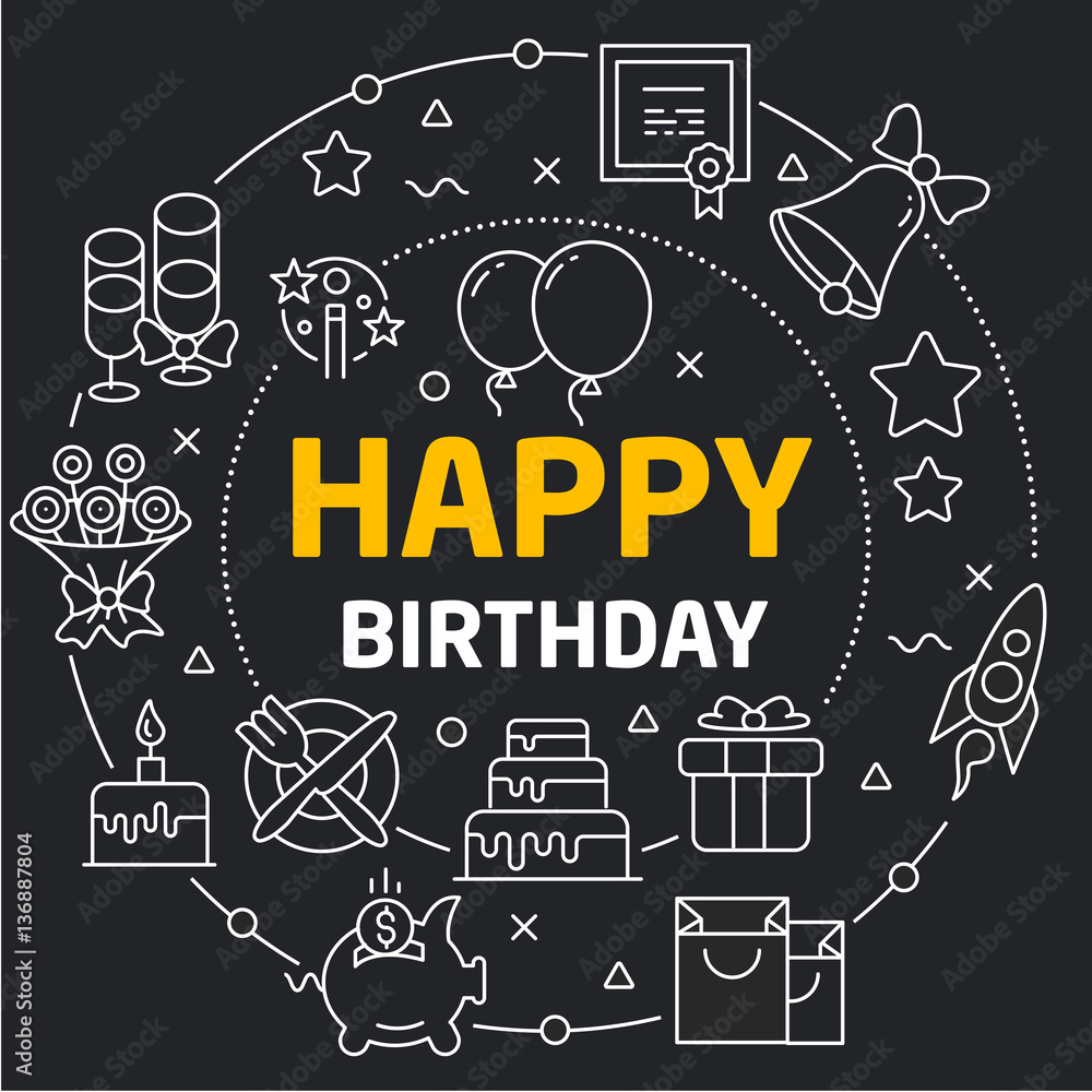 Vector linear illustration dark background happy birthday Stock Vector ...