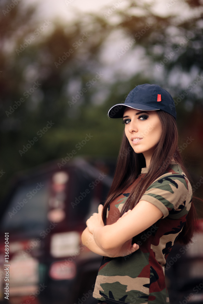 Female Driver in Army Outfit Next to an Off Road Car Stock Photo ...